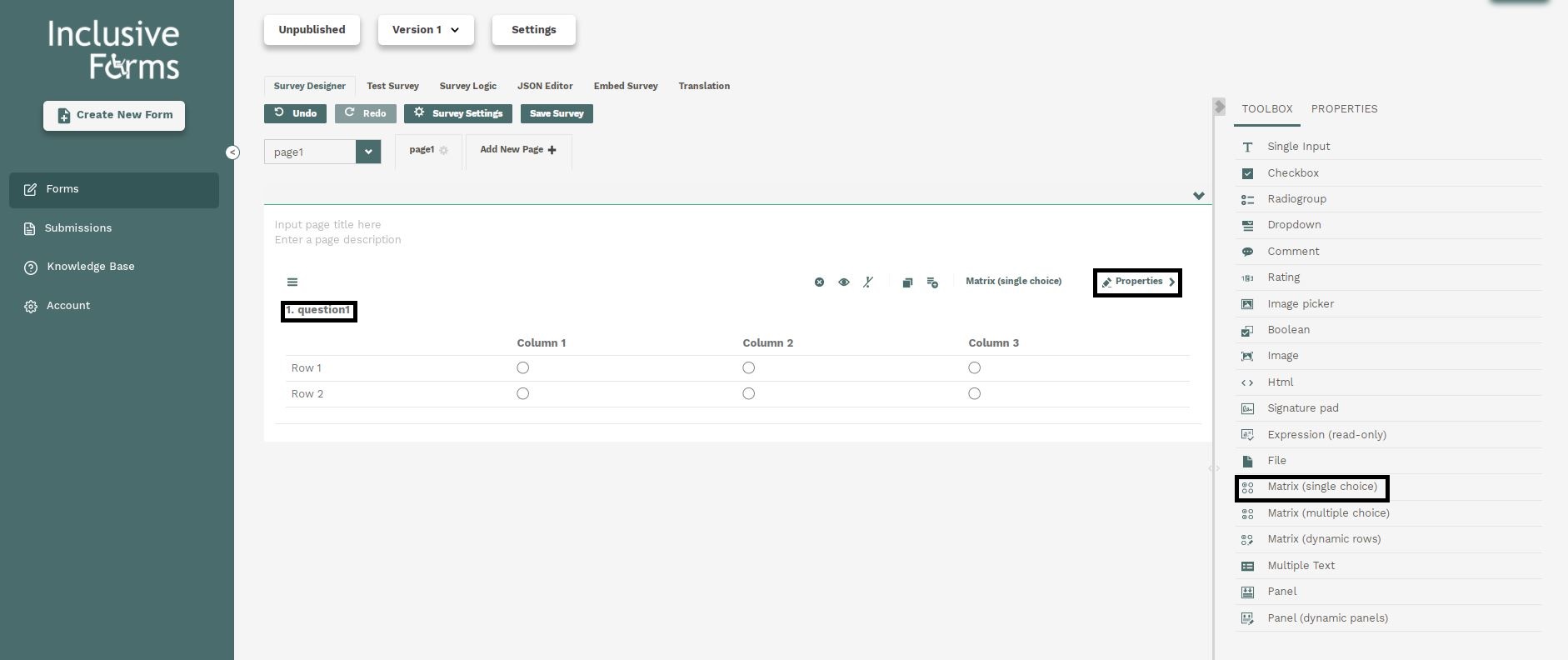 Matrix (single choice) – Inclusive Forms