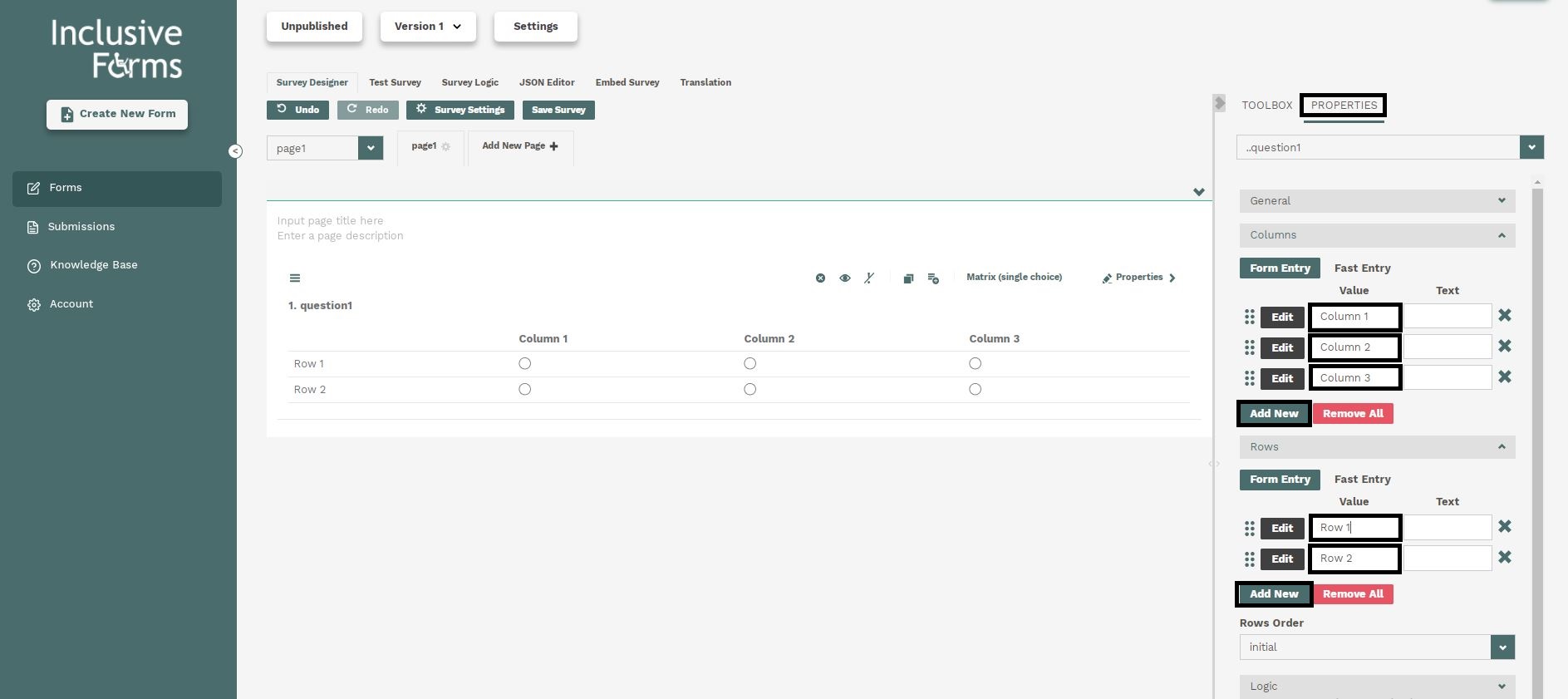 Matrix (single choice) – Inclusive Forms