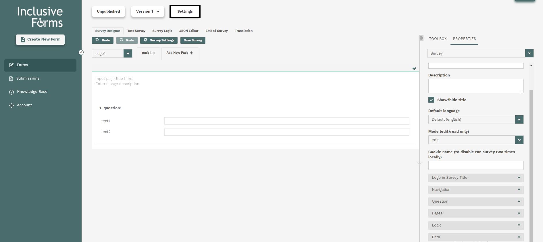 Settings – Inclusive Forms