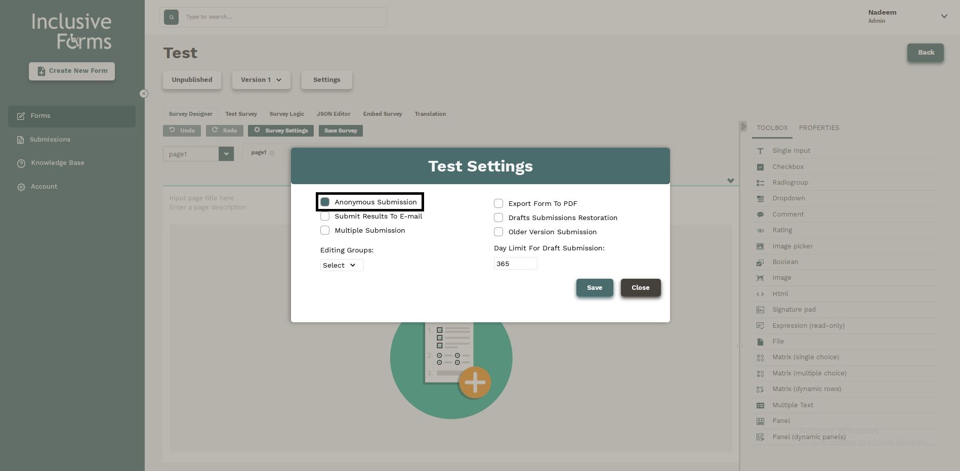 Settings – Inclusive Forms