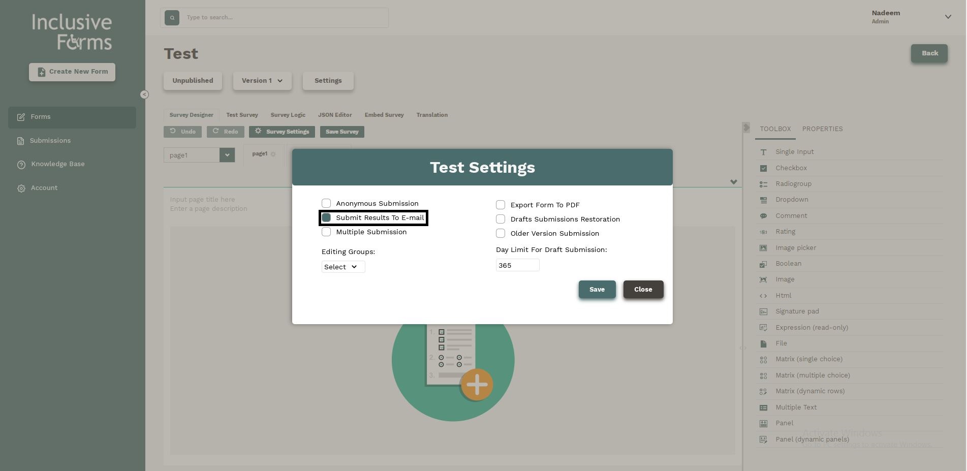 Settings – Inclusive Forms