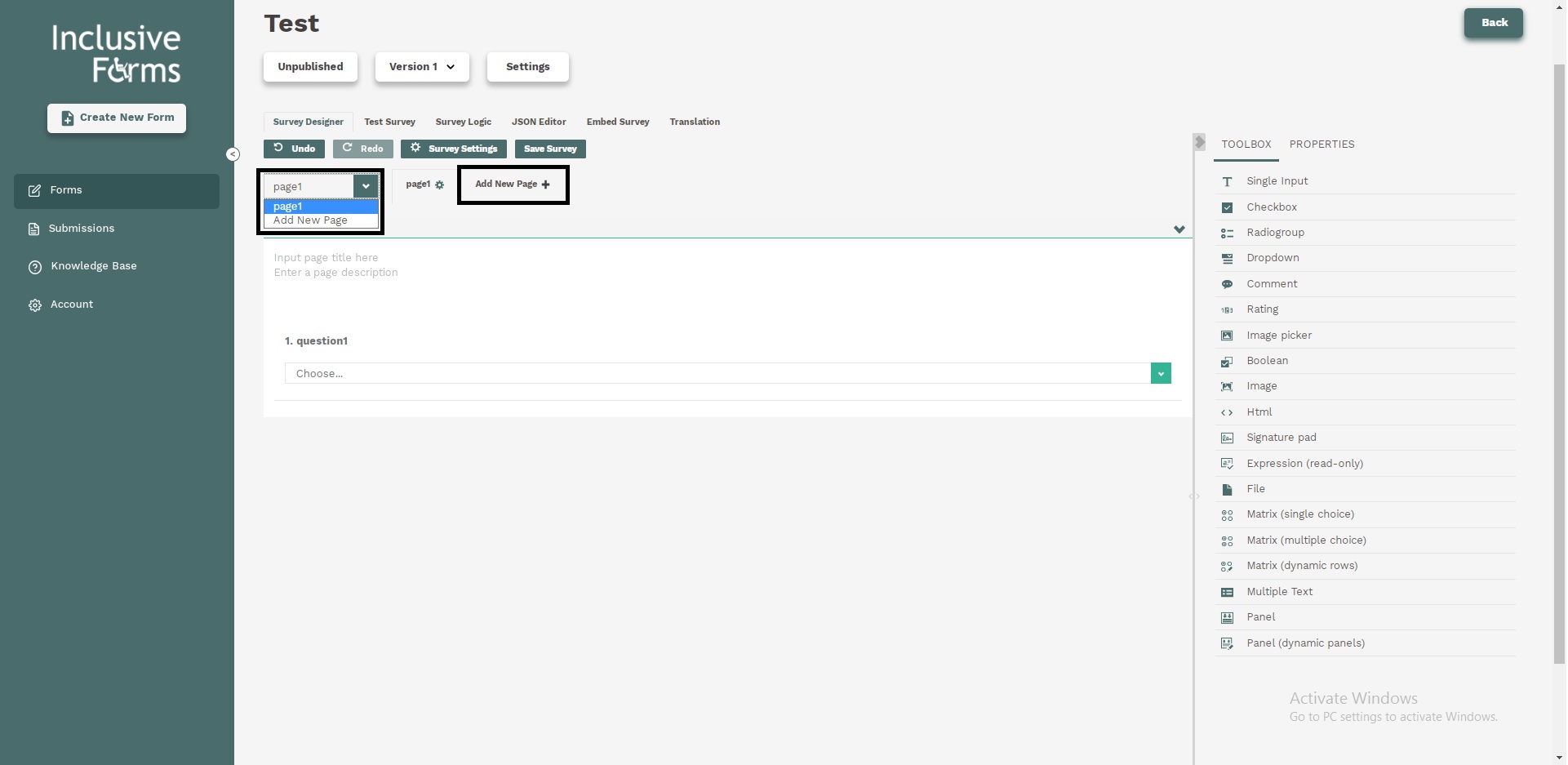 Page Settings – Inclusive Forms